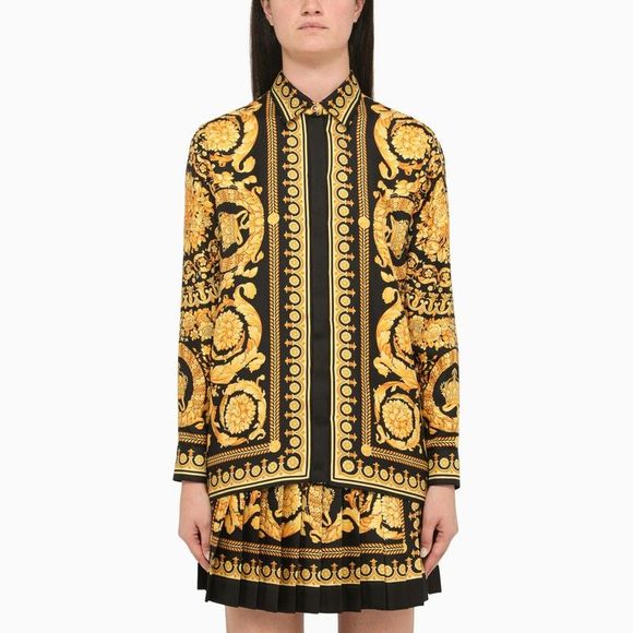 Versace | Sweaters | Versace Gold And Black Printed Silk Shirt | Poshmark
